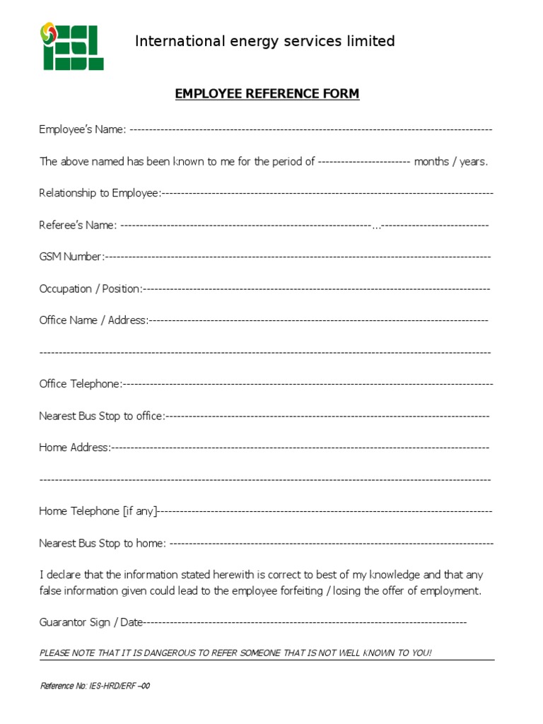 International Energy Services Limited: Employee Reference Form | PDF