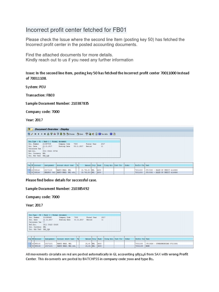 Incorrect Profit Center Fetched For FB01 | PDF