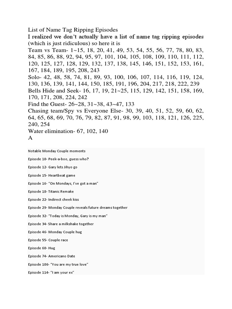 Name Tag Ripping Episodes List | PDF | Sports & Recreation | Cooking ...