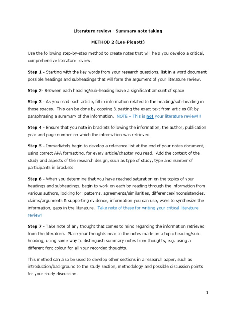Lit Rev - Summary Note Taking - Method 2 | PDF | Career & Growth ...
