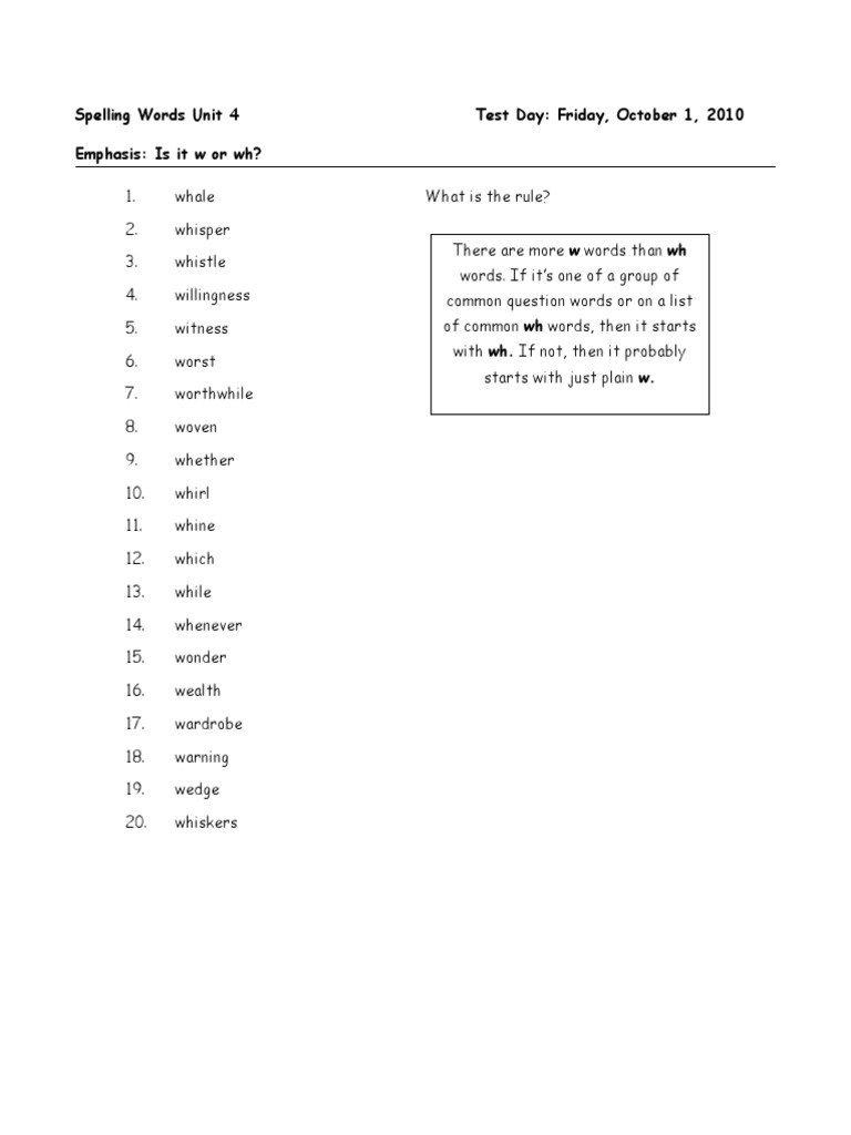 Unit 4 Spelling Words: W vs. Wh | PDF