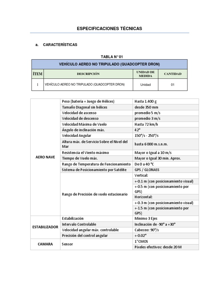 Especificaciones Tecnicas DRON 2018 | PDF | Sistema de Posicionamiento Global | Vehículo aéreo ...
