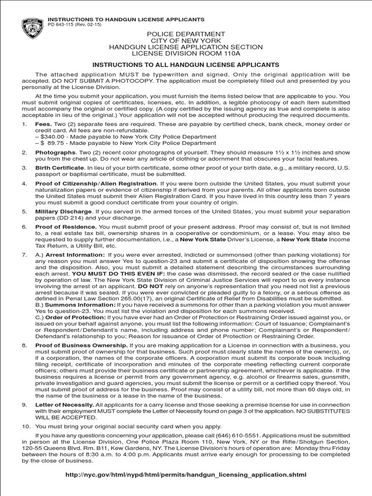 Nypd: Instructions To Handgun License Applicants | PDF | Restraining ...