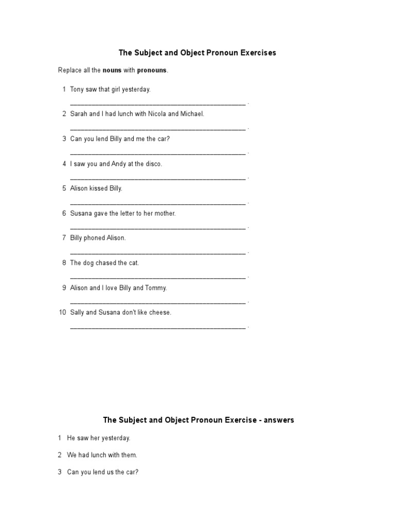 10d. Subject Object Pronouns Answer Key | PDF