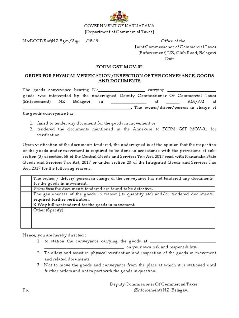Form GST Mov-02 Order For Physical Verification | PDF | Government ...