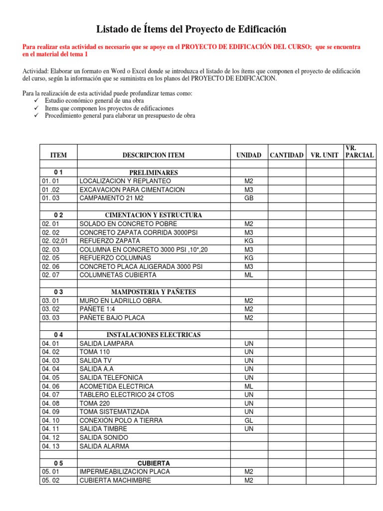 Listado de Ítems para Proyecto de Edificación | PDF | Elementos ...