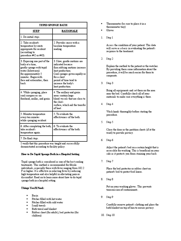 How to Do a Tepid Sponge Bath: A 16-Step Guide | PDF | Fever | Patient