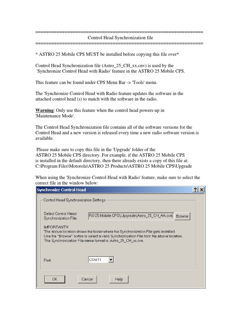 Synchronizing Control Head Software: Instructions for Using the Astro ...