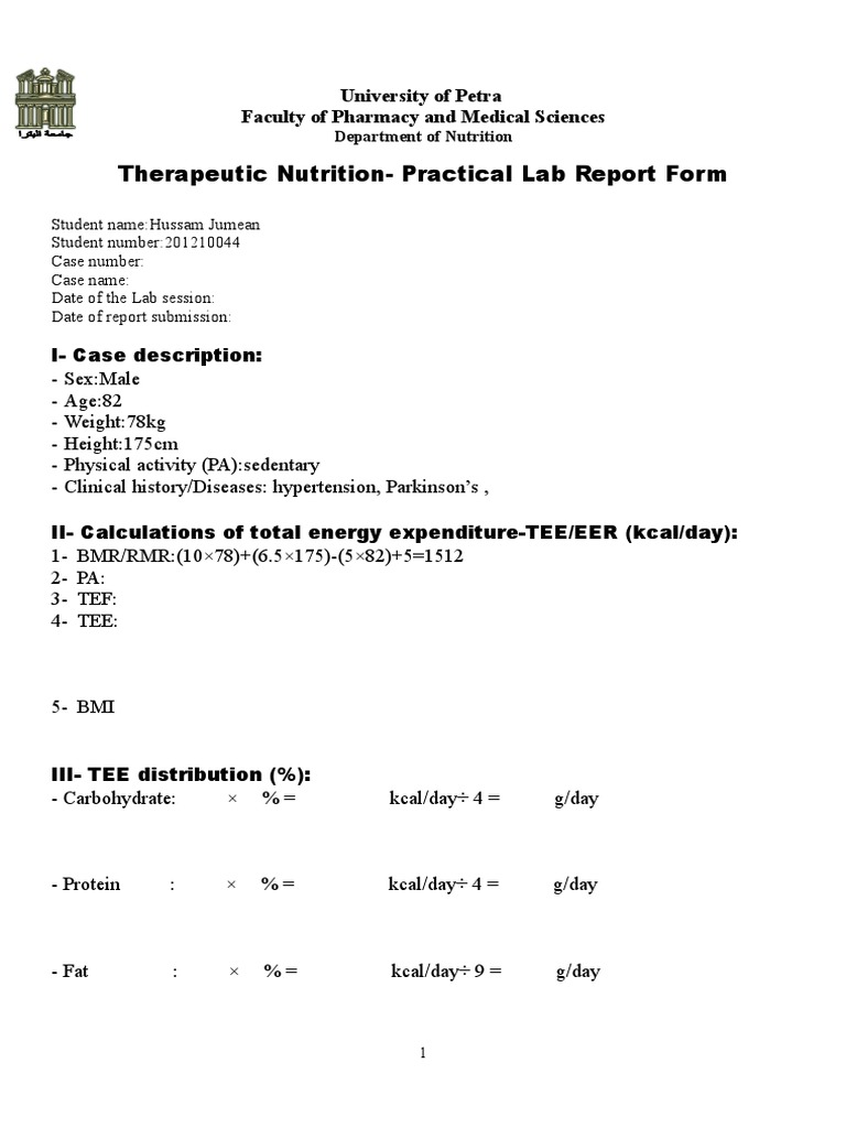 Therapeutic Nutrition-Practical Lab Report Form: University of Petra ...