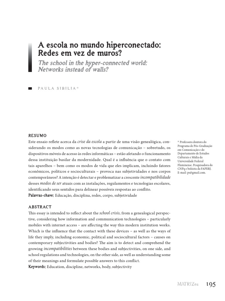 SIBILIA, Paula - A Escola No Mundo Hiperconectado-Redes em Vez de Muros ...