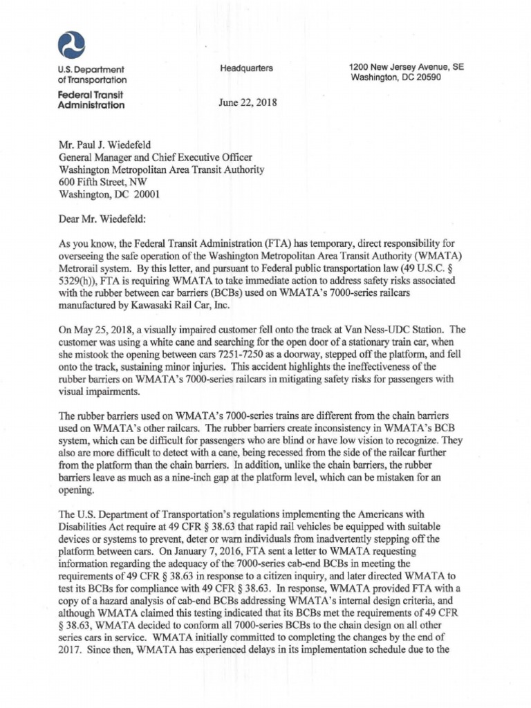 FTA Letter to Metro GM Paul Wiedefeld | Washington Metro | Safety