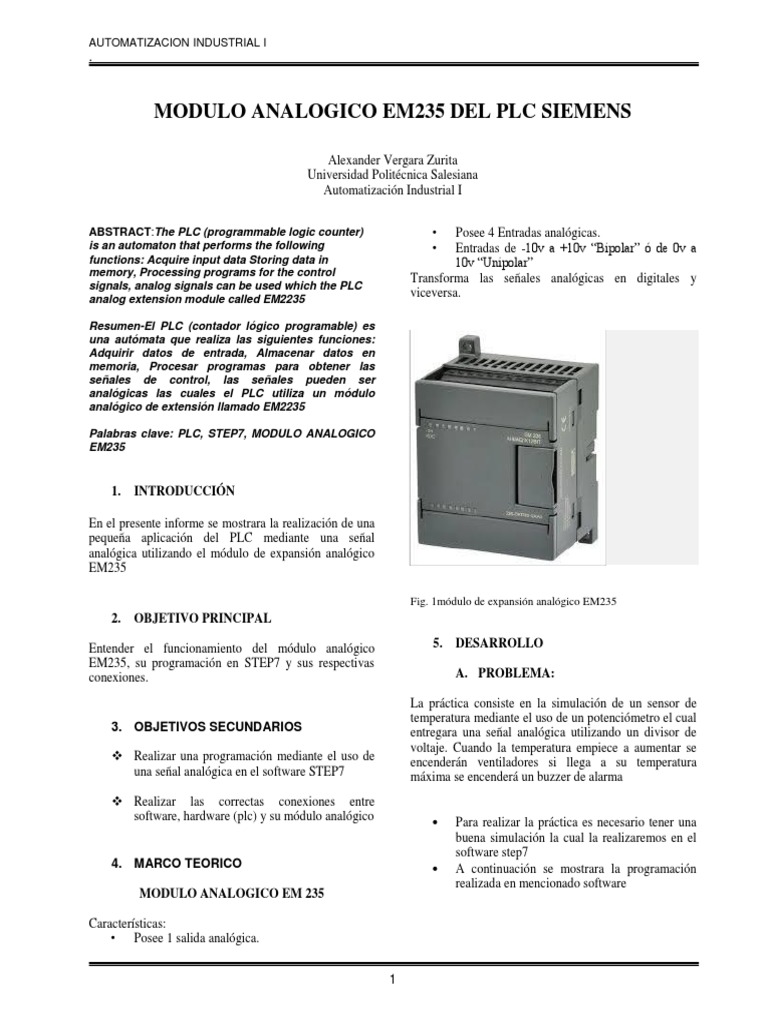 Modulo Analogico Em235 Del PLC Siemens | PDF | Señal analoga ...