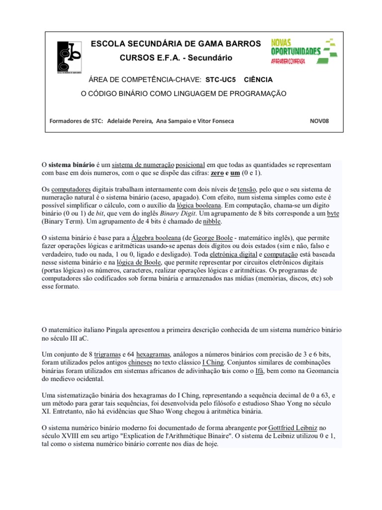 O Sistema Binário Pdf Codificação Binária Decimal Notação Matemática