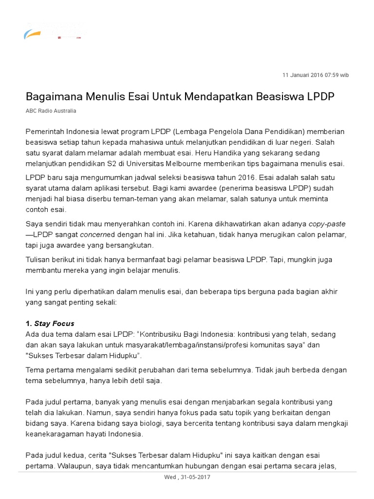 Tips Menulis Esai Beasiswa LPDP | PDF