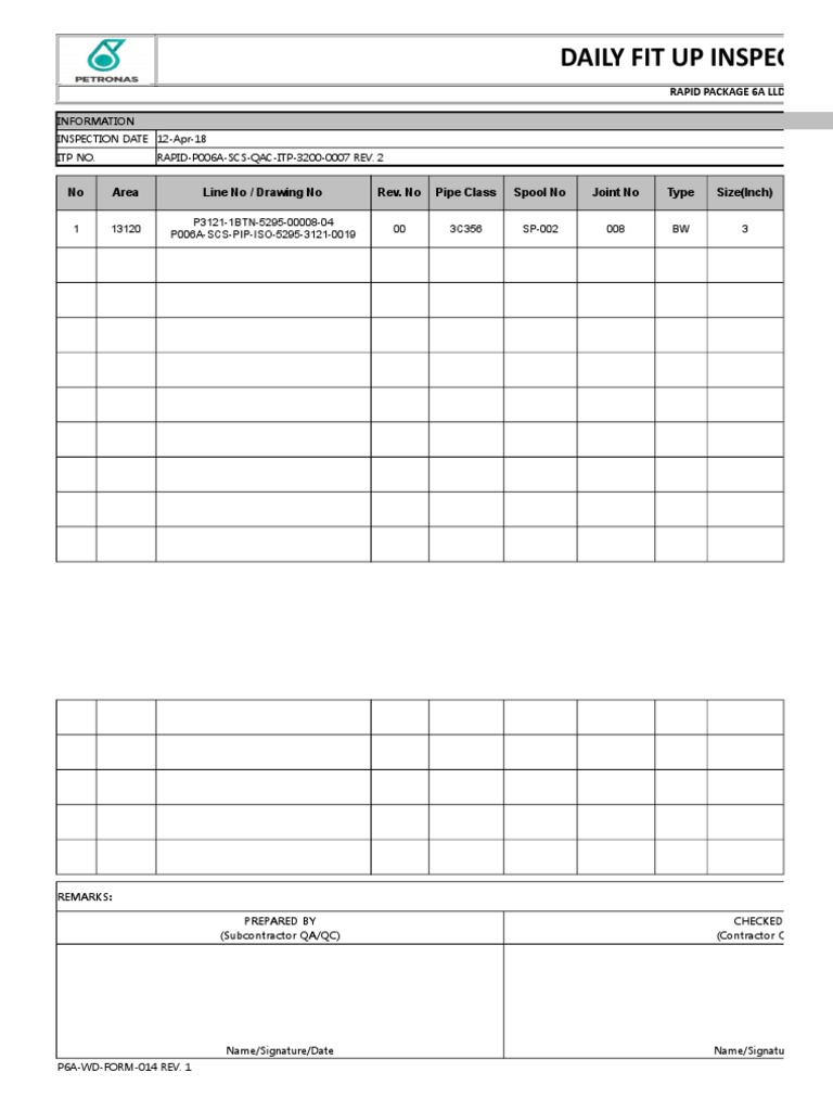 RFI-3458 - Daily Fit Up Inspection Report-OK | PDF | Pipe (Fluid ...