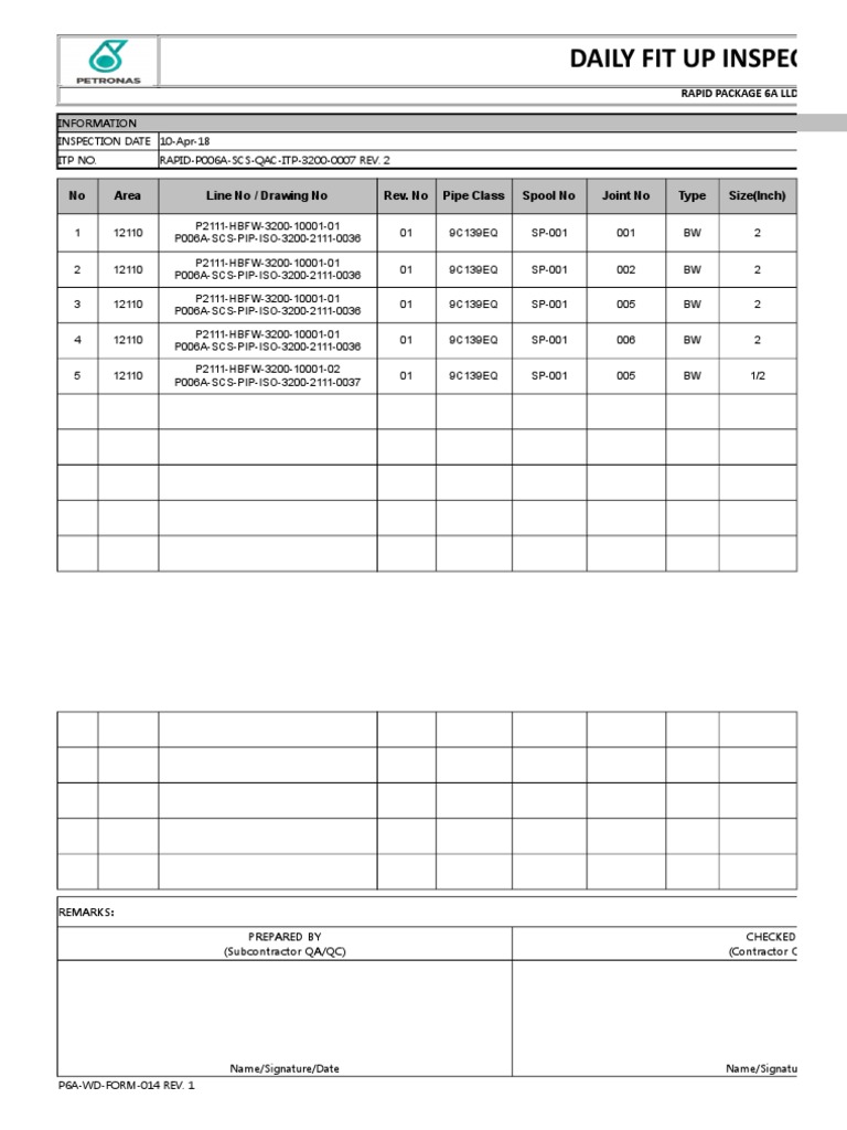 RFI-3410_Daily Fit Up Inspection Report-OK | Pipe (Fluid Conveyance ...