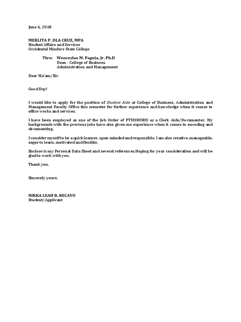 Application Letter Student Aide | PDF