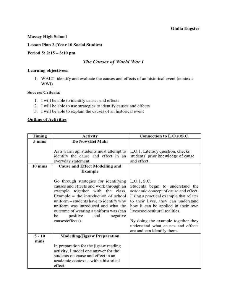 Year 10 WWI Causes Lesson Plan | PDF