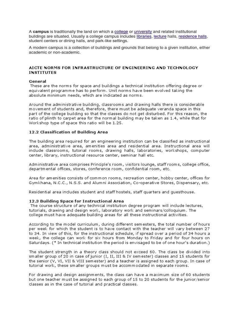 Aicte Norms For Infrastructure of Engineering and Technology Institutes ...