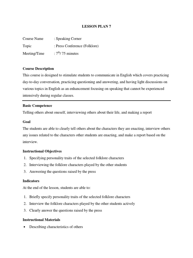 Lesson Plan 7 | PDF | Lesson Plan | Folklore
