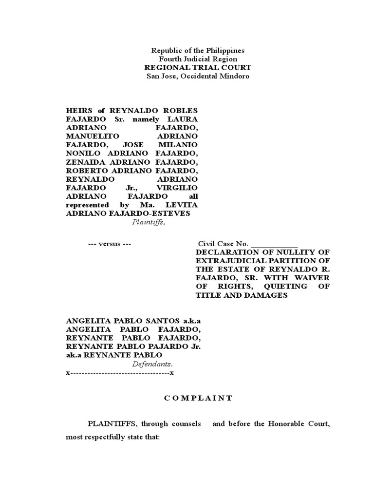 Complaint For Annulment of Extrajudicial Partition Fajardo | PDF ...