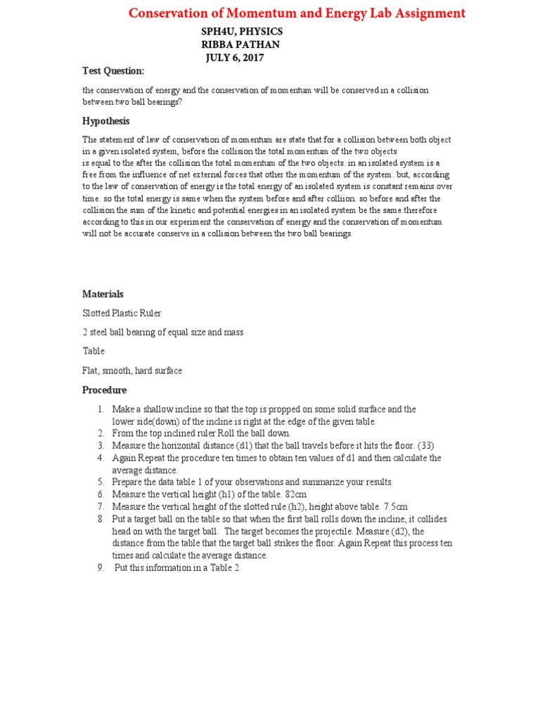 Momentum and Energy Lab Assignment | PDF | Collision | Momentum