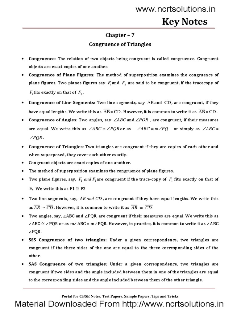 07 Maths Key Notes Ch7 Congruence of Triangles | PDF | Triangle ...