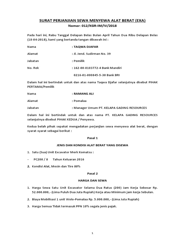 Surat Perjanjian Sewa Alat Berat | PDF