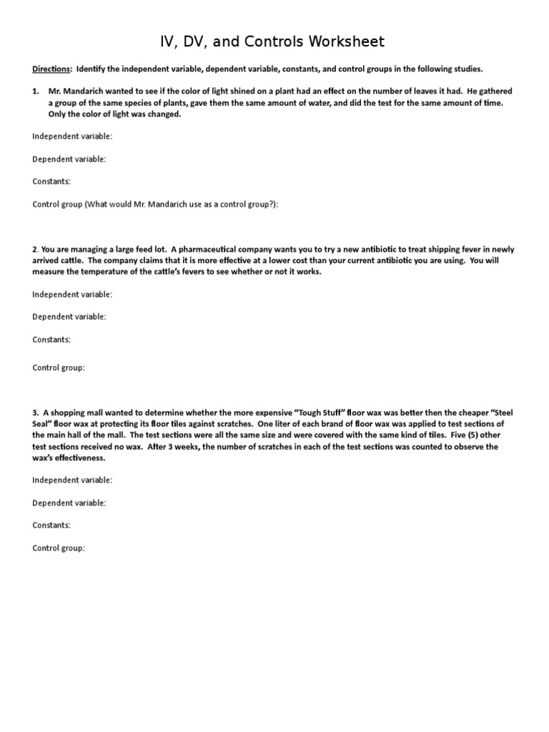 IV DV and Control Worksheet | PDF | Nature