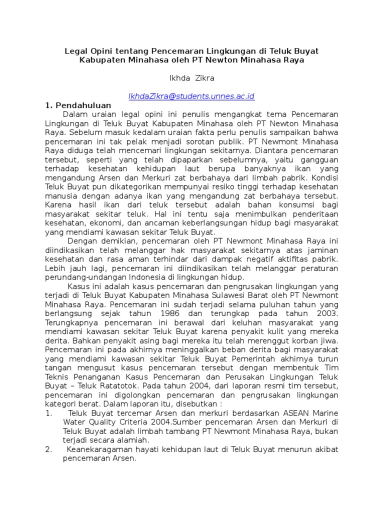 Legal Opini Tentang Pencemaran Lingkungan Di Teluk Buyat Kabupaten ...