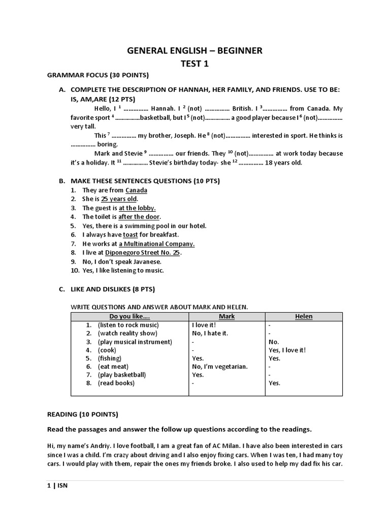 General English Beginner Test 1 | PDF