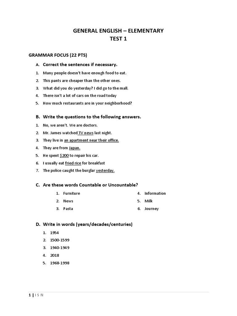 General English Elementary Test 1 | PDF | Elvis Presley