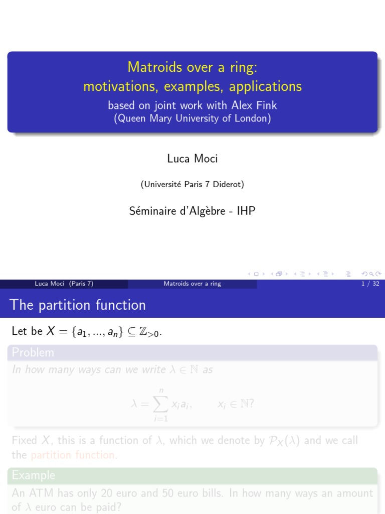 Matroids Over A Ring: Motivations, Examples, Applications: Based On Joint Work With Alex Fink ...
