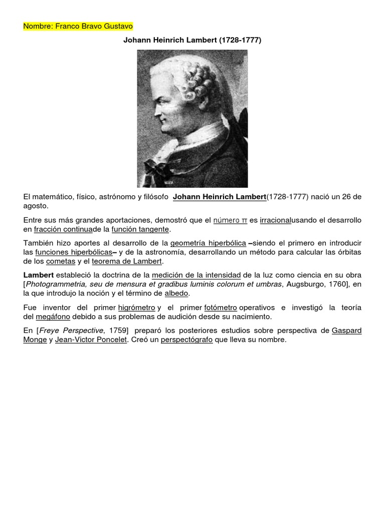 Biografía de Johann Heinrich Lambert | PDF | Enseñanza de matemática ...
