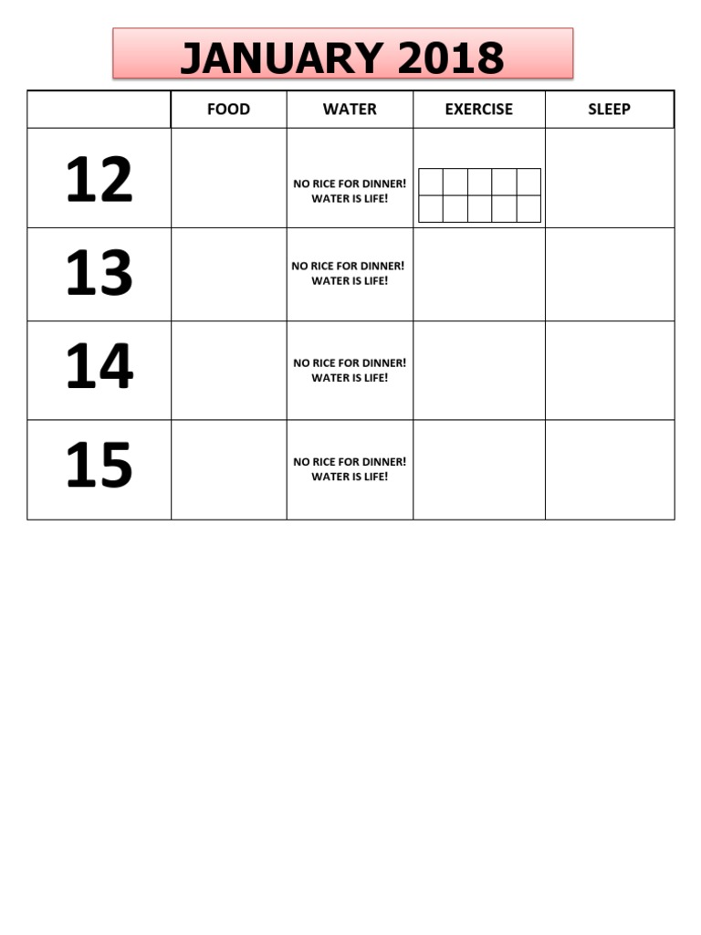 JANUARY 2018: Food Water Exercise Sleep | PDF | Weight Loss ...