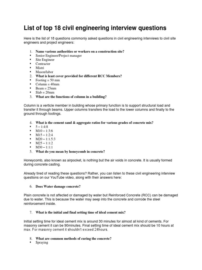 List of Top 18 Civil Engineering Interview Questions | PDF | Mortar (Masonry) | Concrete