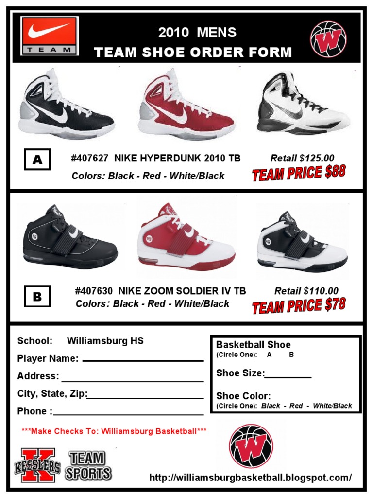Williamsburg Basketball Shoe Order Form | PDF | Sports & Recreation