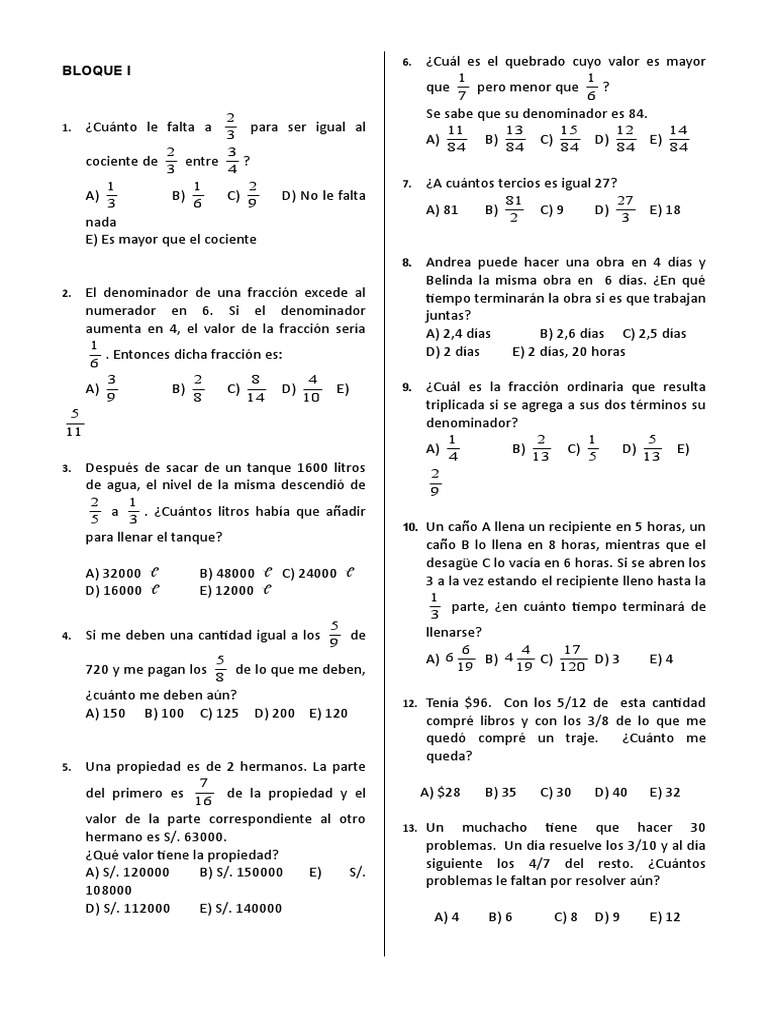 Problemas de Matemáticas y Fracciones | PDF | Fracción (Matemáticas ...
