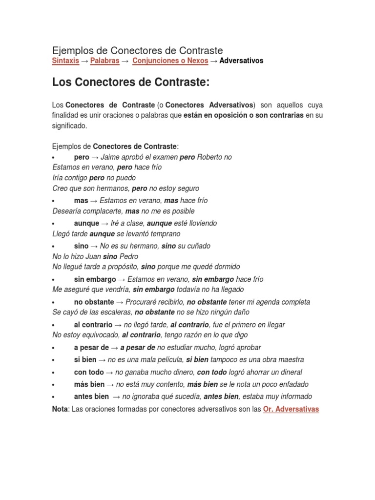 Conectores de Oposicion y de Contraste | Oración (Lingüística ...