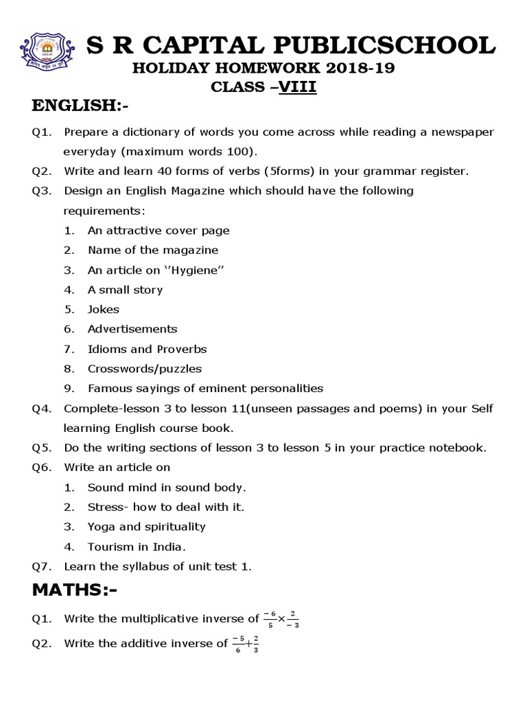 Class 8 Holiday Homework 2018-19 | PDF