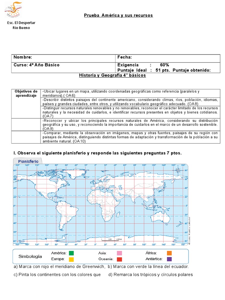 Prueba América y Sus Continentes Historia 4° Basicos | PDF | Américas ...