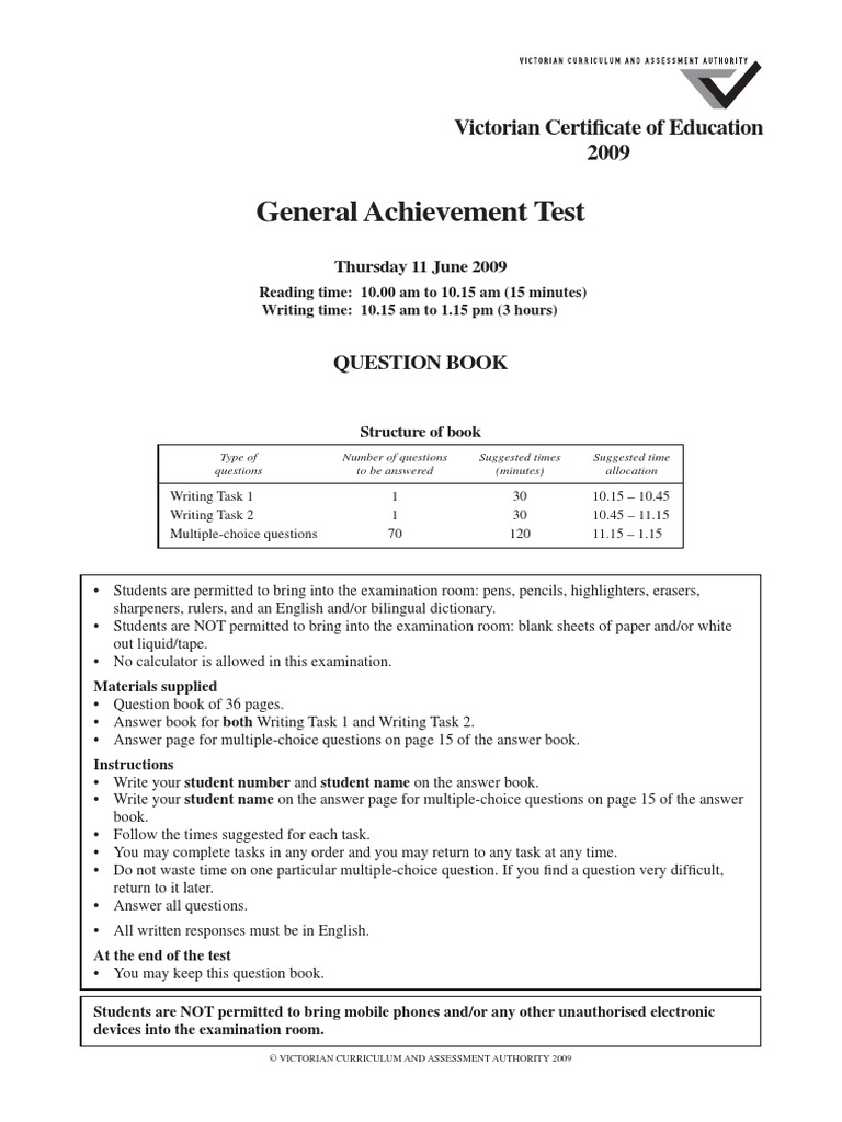 General Achievement Test: Victorian Certificate of Education 2009 | PDF ...