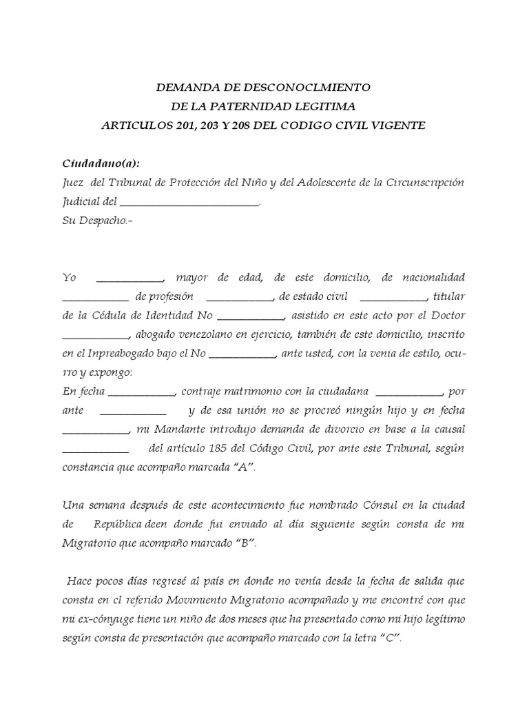 Demanda de Desconocimiento de Paternidad | PDF | Divorcio ...