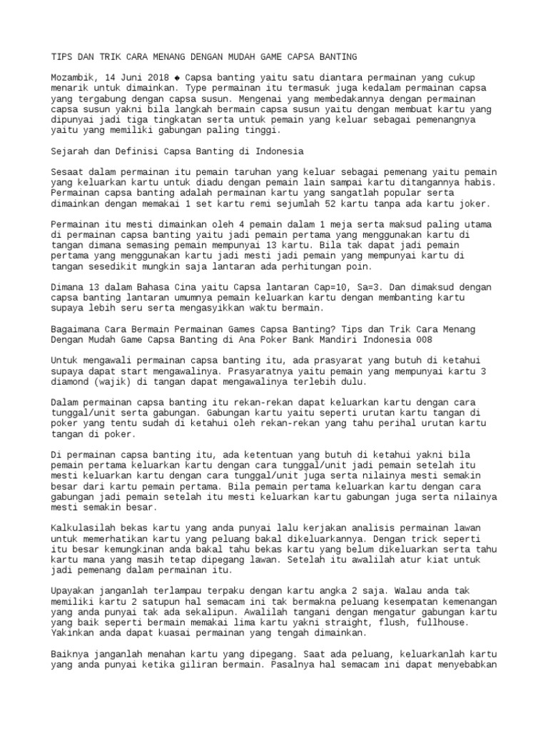 Tips Dan Trik Cara Menang Dengan Mudah Game Capsa Banting | PDF