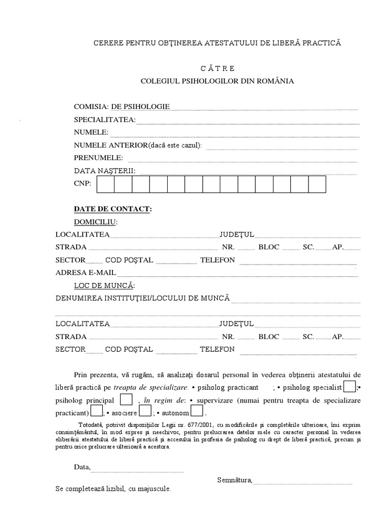 Cerere Pentru Obtinerea Atestatului de Libera Practica PDF | PDF