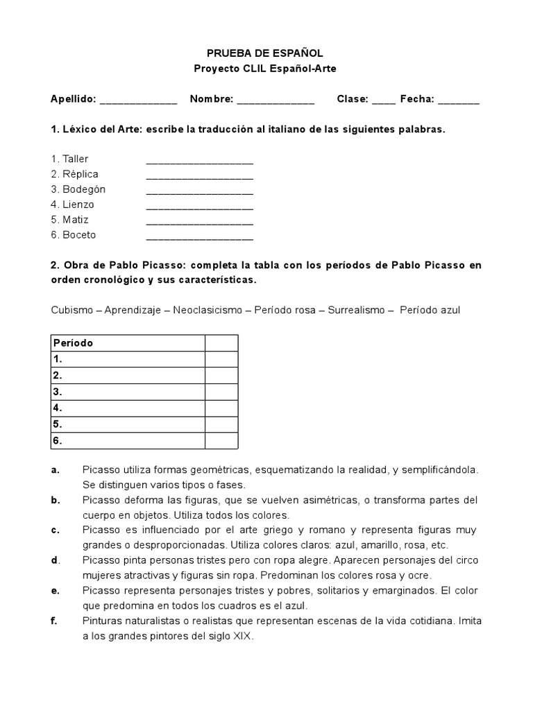 Prueba de Español: Arte y Picasso | PDF | Pablo Picasso | Cubismo