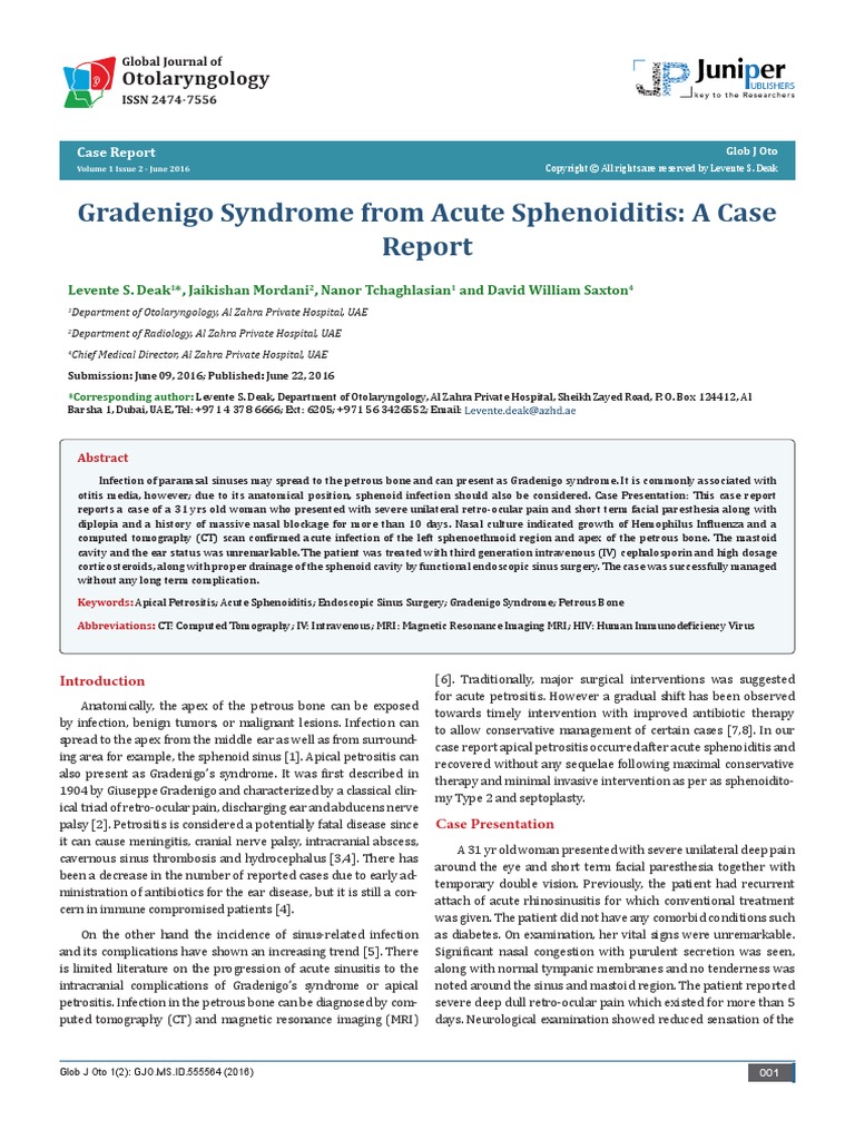 Gradenigo Syndrome From Acute Sphenoiditis: A Case: Otolaryngology ...