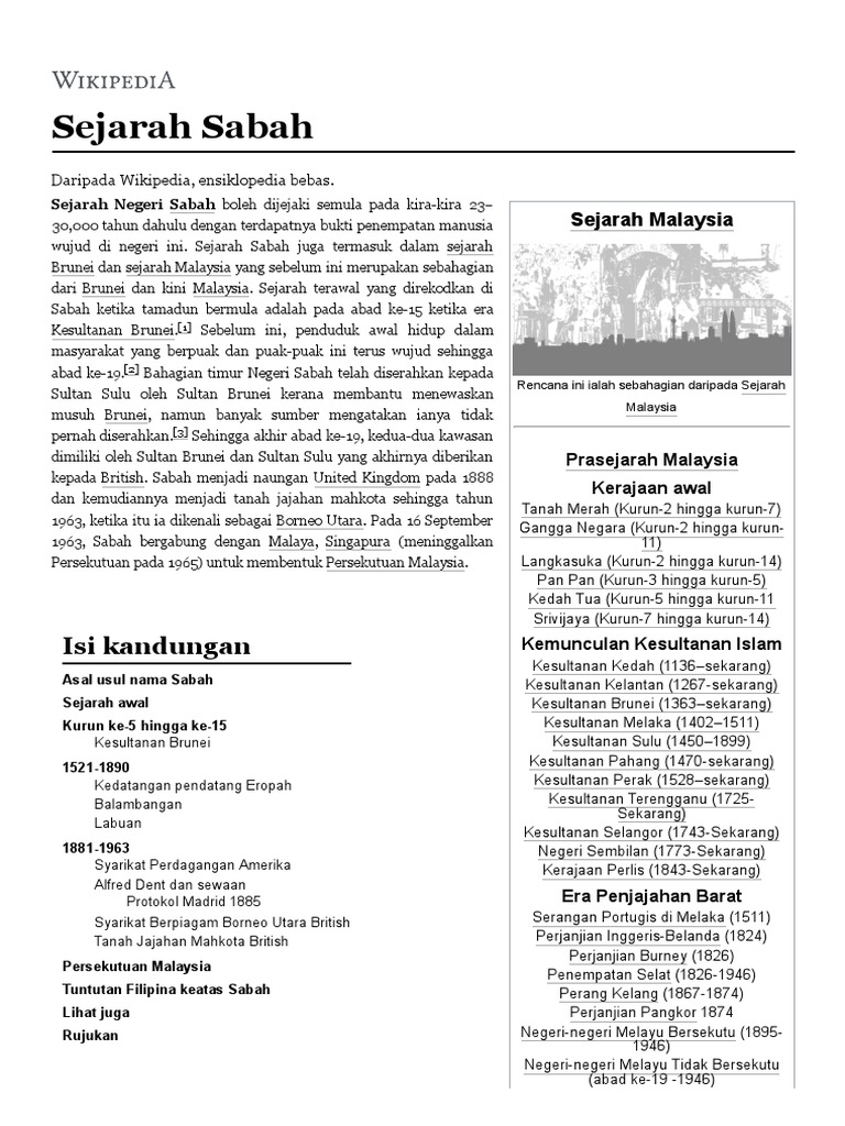 Sejarah Sabah - Wikipedia Bahasa Melayu, Ensiklopedia Bebas PDF | PDF