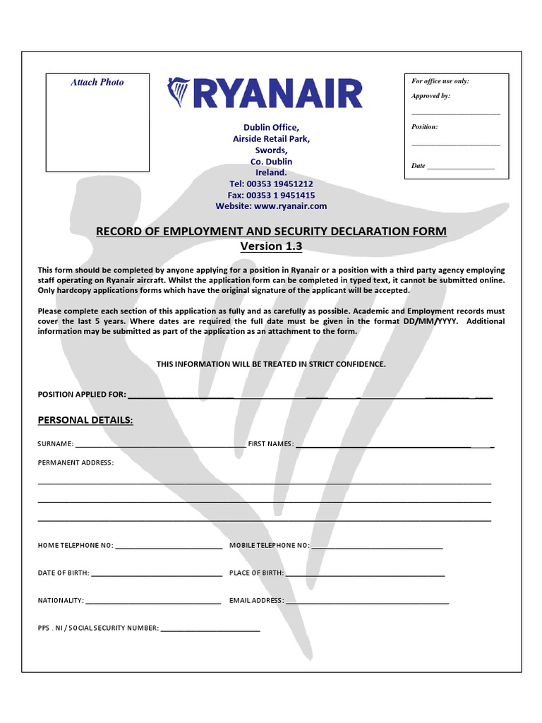 Ryanair Employment Security Declaration Form | PDF | Criminal Record ...