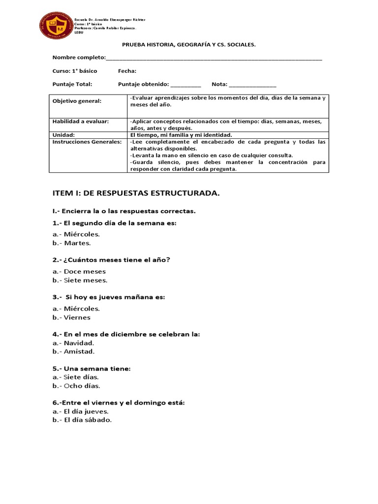 Prueba Historia Meses Del Ano y Dias de La Semana | PDF